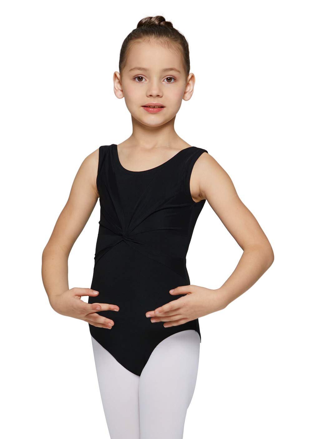 MdnMd Sleeveless Tank Leotard for Girls with Mesh Cross Front (Black, 12-14 Years)