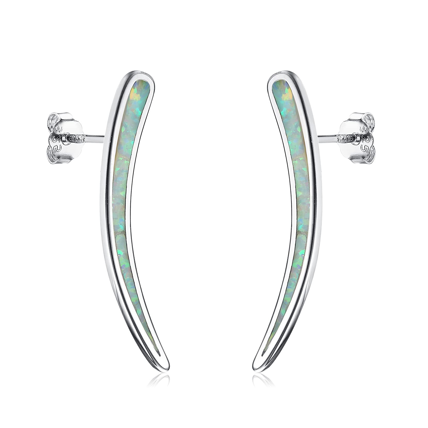 Milacolato Opal Ear Cuff Earrings 925 Sterling Silver Created Fire Opal Bar Crawler Climber Earrings Jewelry Gifts for Women, White