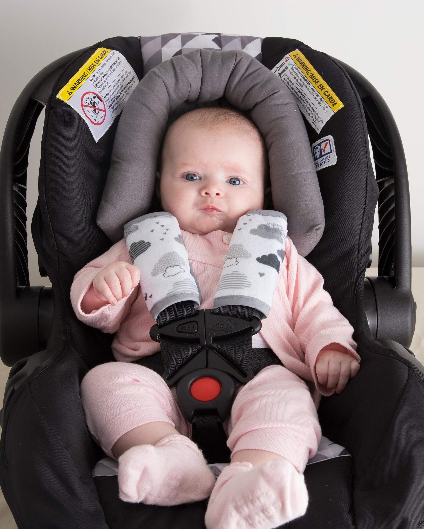 Little Me Baby Carrier Car Seat 4 Piece Set - Includes Infant Head Support, Carrier Canopy, Seat Belt Strap Covers, and Carrier Arm Cushion