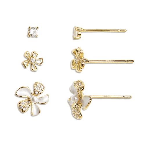 Sonateomber Tiny Cubic Zirconia Flower Stud Earring Set for Women, 3 Pairs Small Cute Rhinestone Gold plated 925 Sterling Silver Multiple Piercing Post Hypoallergenic Wallflower Floral studs Jewelry Gift