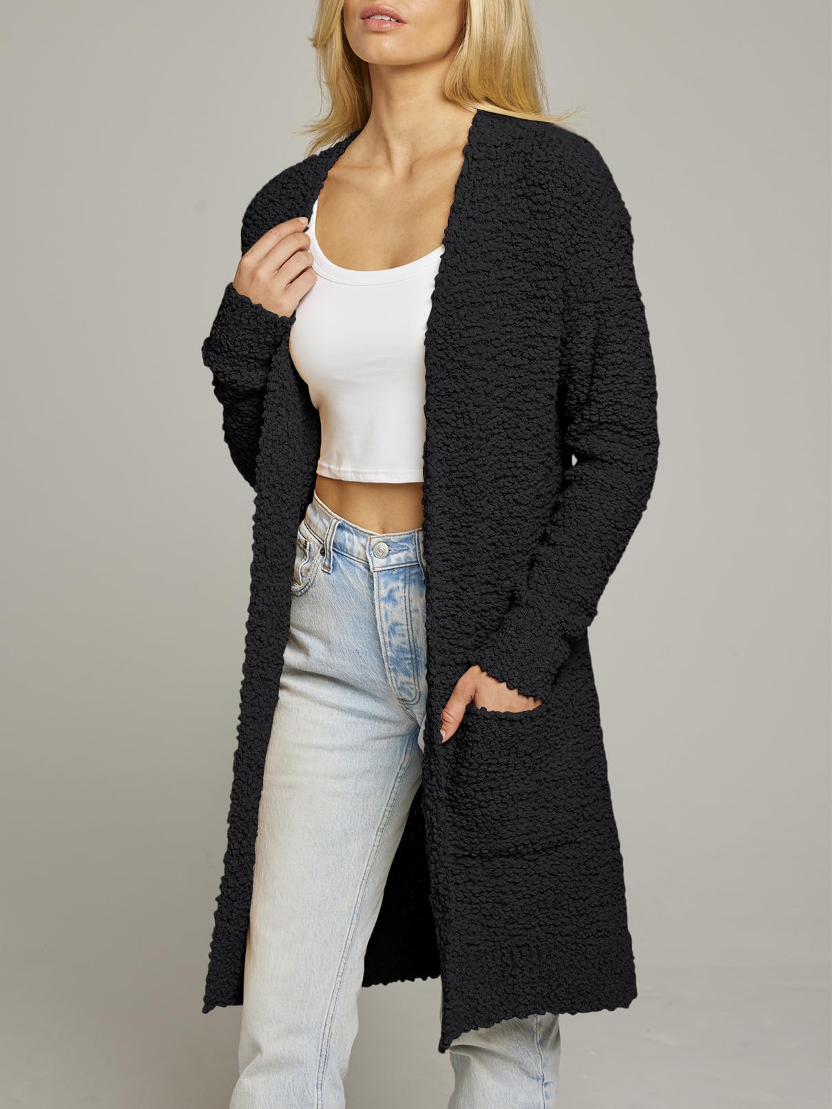 MEROKEETY Women's Long Sleeve Soft Chunky Knit Sweater Open Front Cardigan Outwear with Pockets,Black,Large
