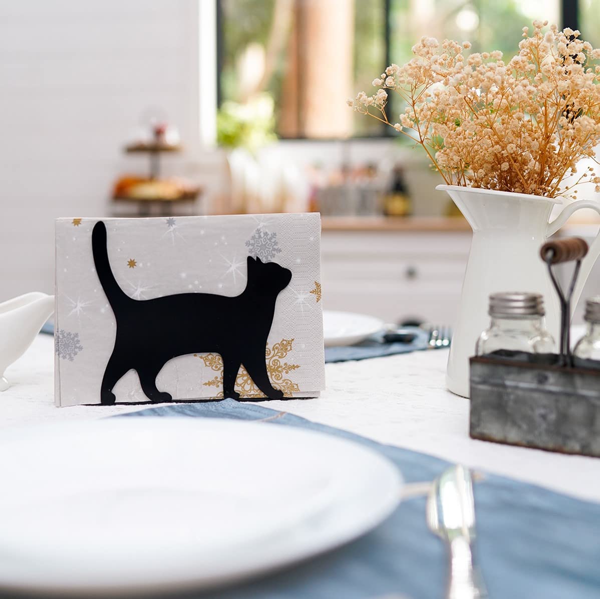 SOFFEE DESIGN Iron Vertical Cat Napkin Holder, Animal Shadow Napkin Stand Convenient Desktop Storage Decoration, Adorable Paper Towel Dispenser for Kitchen Countertops, Dining Table, Black