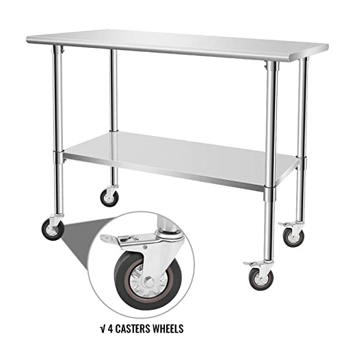 KODOM Food Prep Stainless Steel Table 36" x 18", Heavy Duty Workbench with Adjustable Under Shelf, Commercial Worktable with 4 Casters for Commerical Kitchen, Restaurant, Home and Hotel