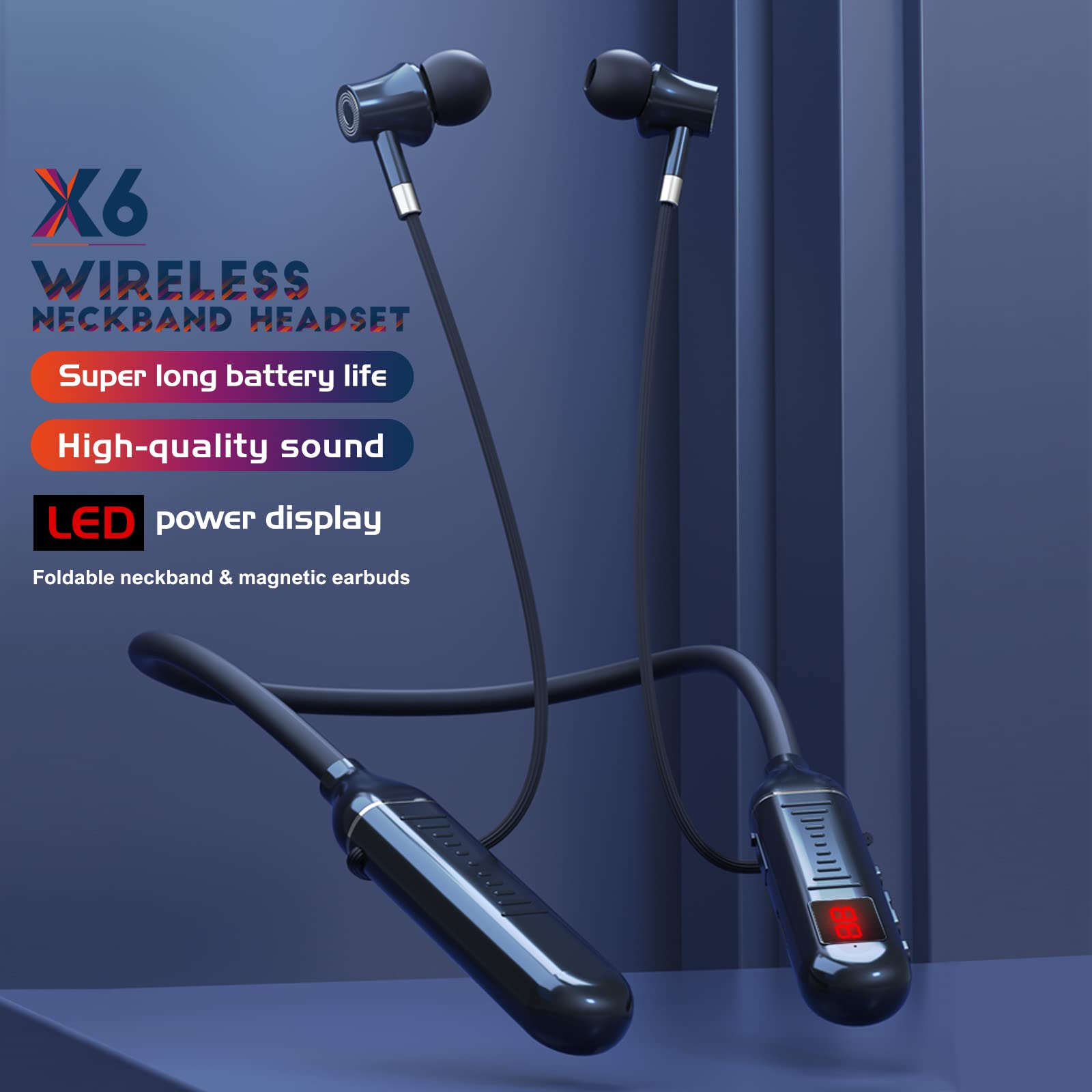 Long Battery Life neckband bluetooth headphones, X8 (150H Playtime) & X6 (100H Playtime),LED Power Display,in Ear Wireless Headset with Noise Cancelling Microphone, USB-C Fast Charging Stereo Earbuds