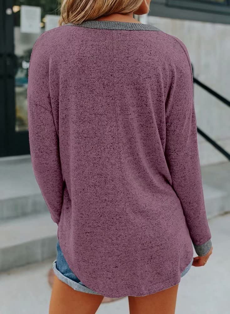 Lacozy Womens Plus Size Ribbed Knit Sweatshirts V Neck Button Sweaters Long Sleeve Color Block Shirts Burgundy Small