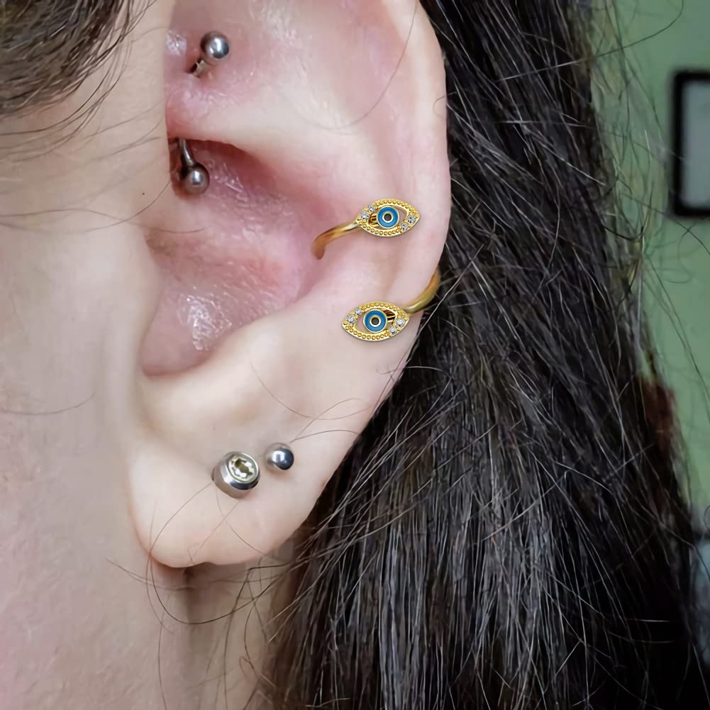 OUFER Twist Helix Earrings 316L Stainless Steel Eye Elements Paved Micro CZ Surrounded 16G Twist Lip Labret Type Upper Lobe Earrings