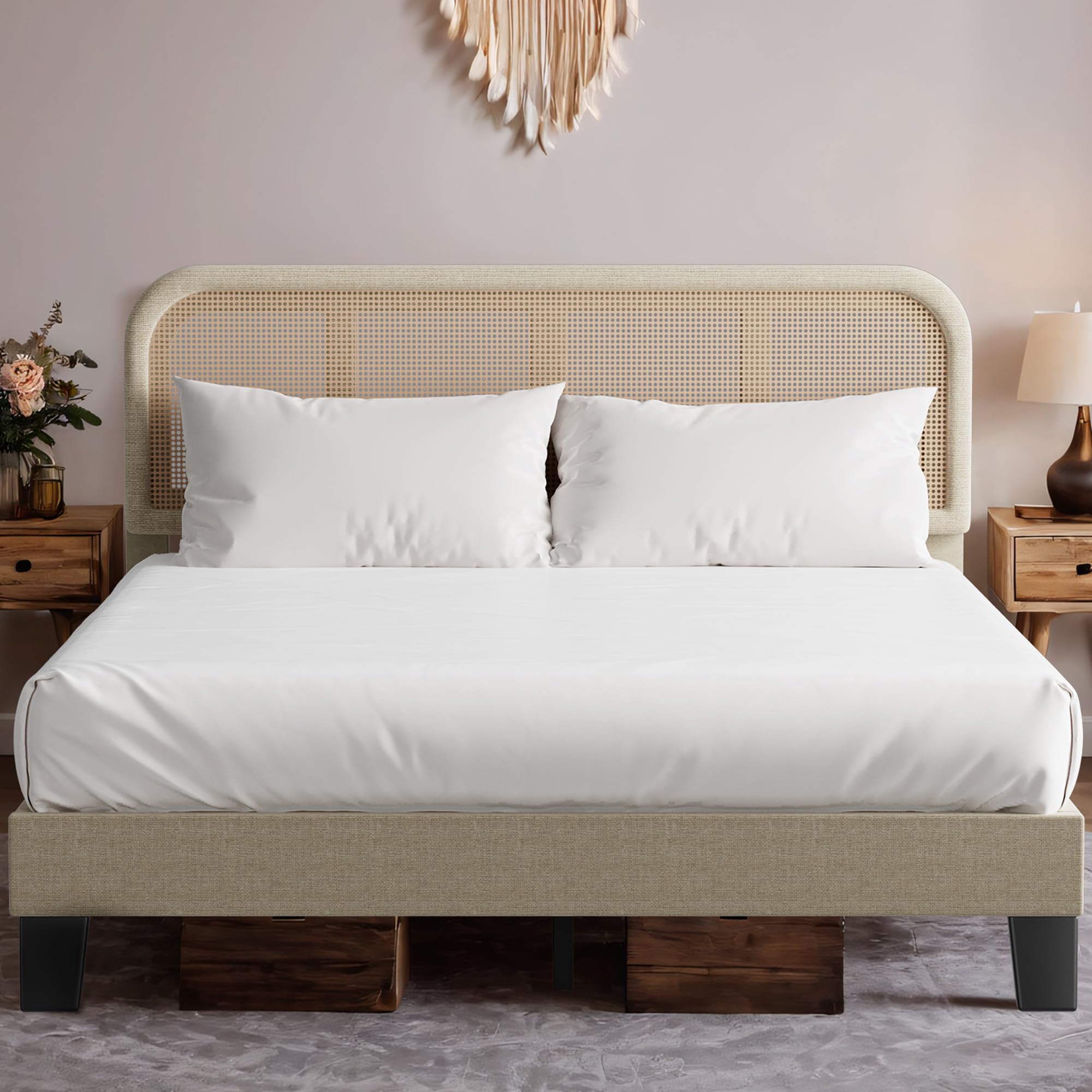 Lifezone Queen Bed Frame with Adjustable Rattan Headboard, Queen Size Bed Frame with Wood Slats Support, Safe Rounded Corner Design, Linen Fabric, High Feet, No Box Spring Needed, Beige