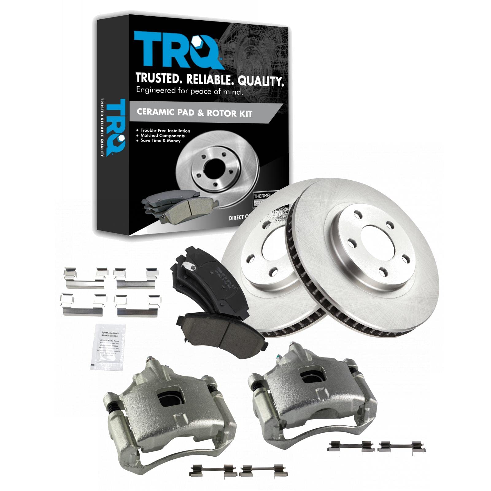 TRQ Front Brake Pad & Rotor Kit Brake Caliper Brake Pads Brake Rotor Ceramic Vented Compatible with 2014-2017 Nissan Rogue