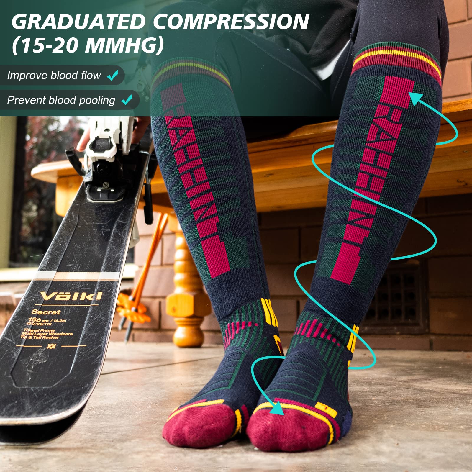 Rahhint Merino Wool Ski Socks 2-Pack, Compression Knee High Thermal Socks Womens Mens for Skiing Snowboarding Cold Weather