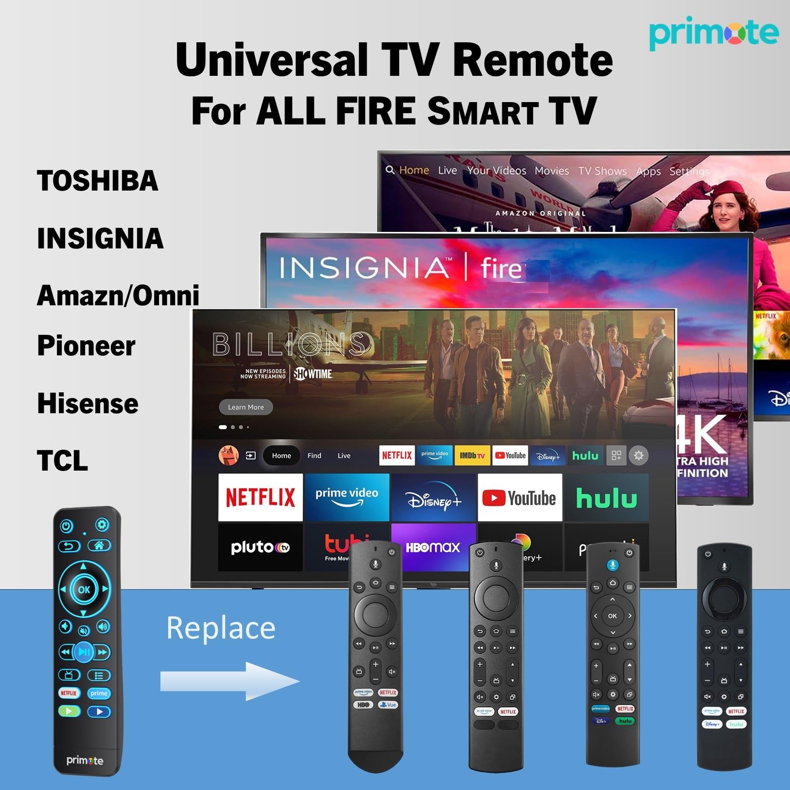 Primote Remote for Insignia/Toshiba Fire/Smart TV Edition (No Voice Search)