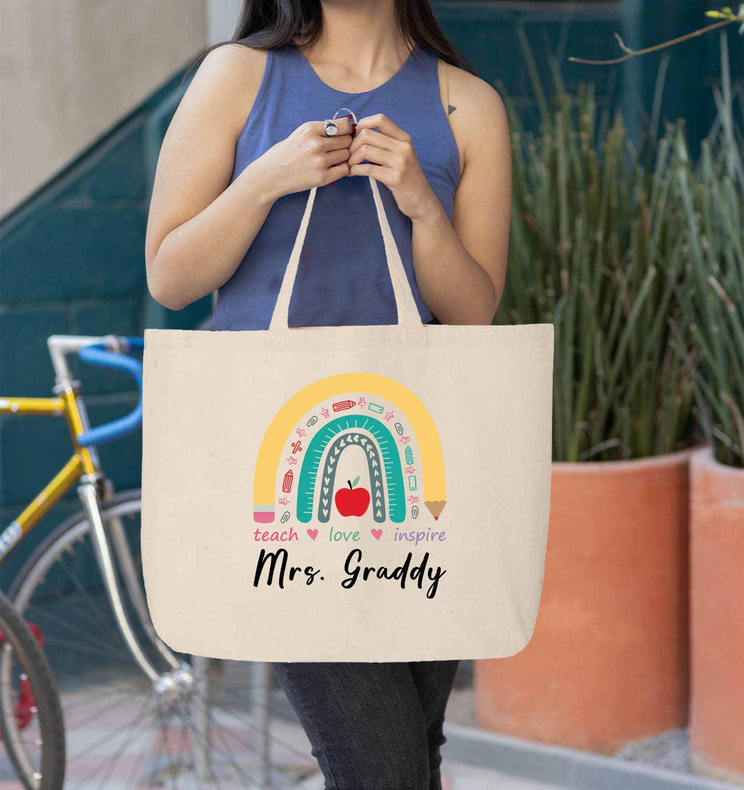 shop4ever Custom Personalized Teacher Teach Love Inspire Rainbow Jumbo Heavy Canvas Tote Reusable Shopping Bag 10 oz Natural 1 Pack