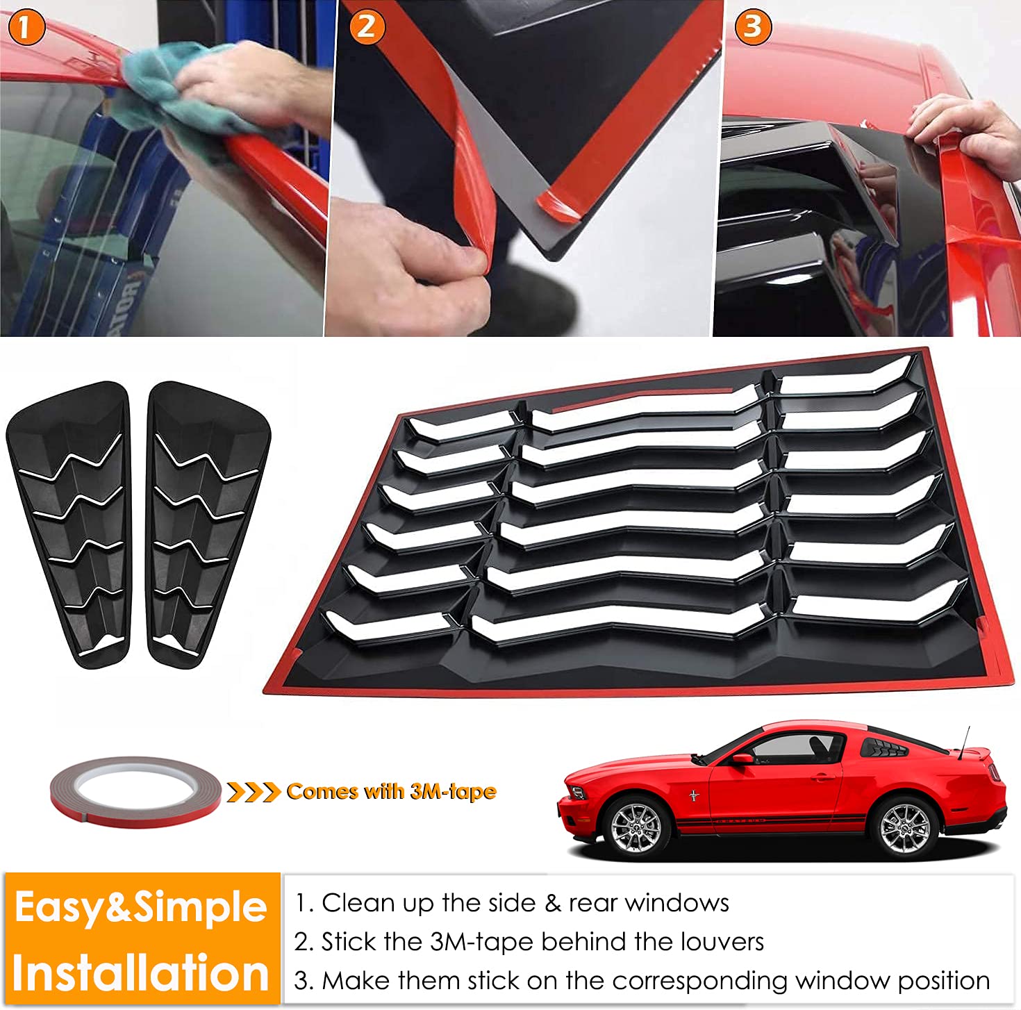 Rear + Side Window Louvers Fit for Ford Mustang 2005-2014 Scoop Sun Shade Windshield Covers GT Lambo Style Fit All Weather (Gloss Black)