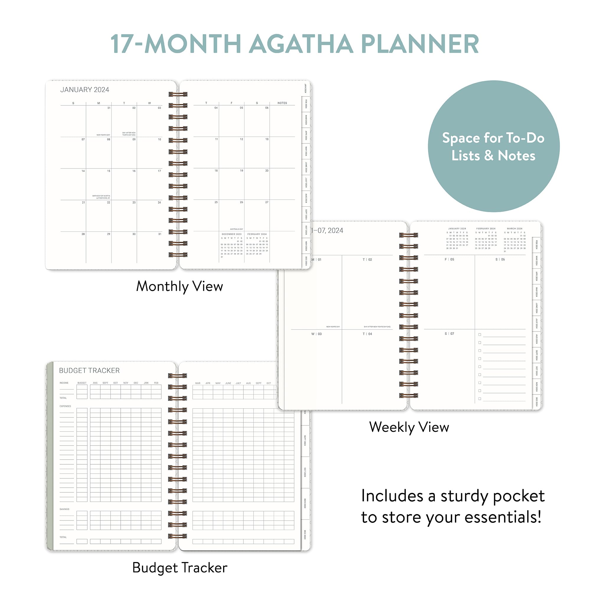 Orange Circle Studio Agatha 2024 Weekly Planner, Spiral Notebook, Weekly & Monthly Calendar Views, To Do List Notepad, Appointment, Budget & Goal Tracker, 17-Month Agenda for School/Work, Greige