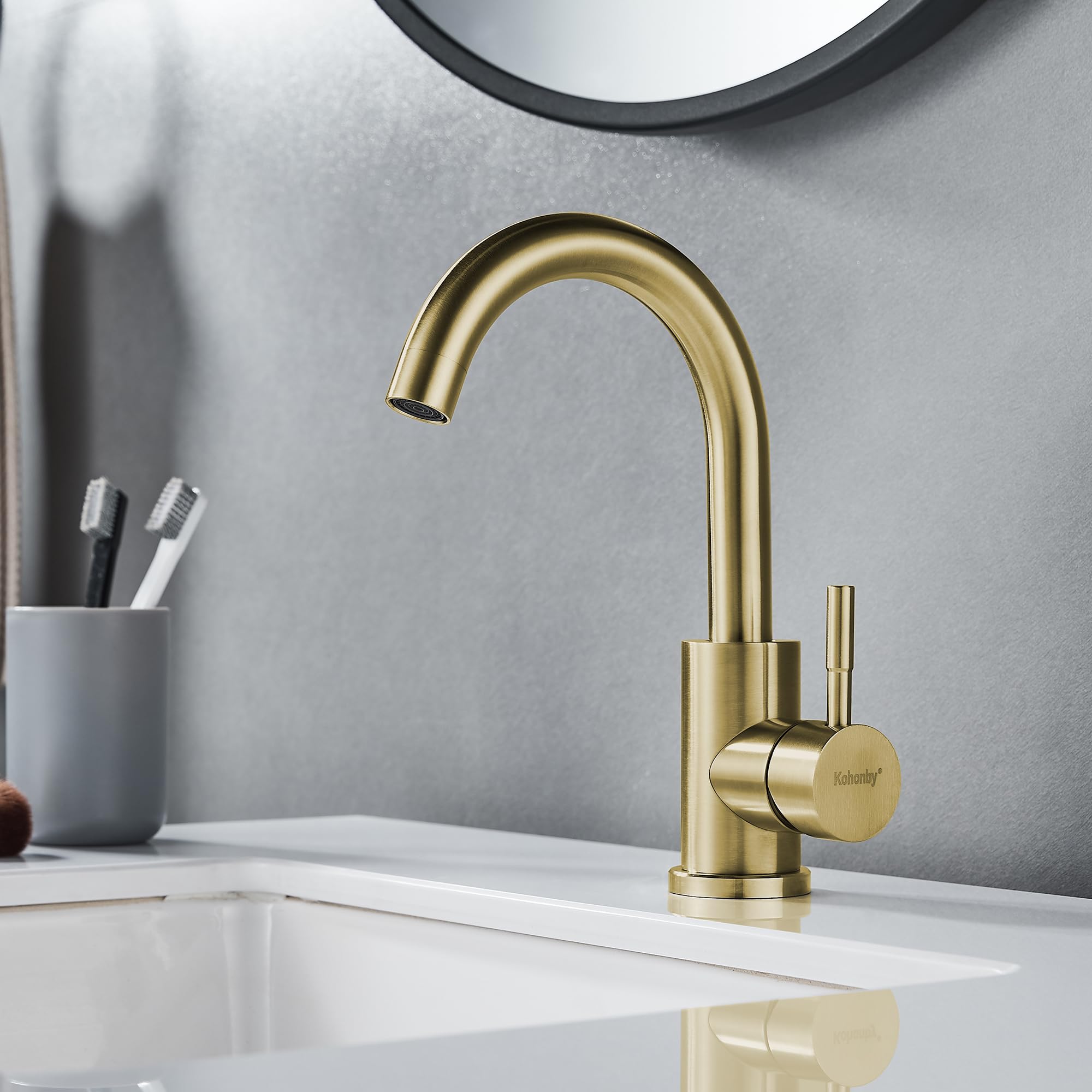 Kohonby Wet Bar Sink Faucet Single Hole Brushed Gold, Modern Single Handle Bathroom Sink Faucet Commercial Stainless Steel Prep Sink Faucet
