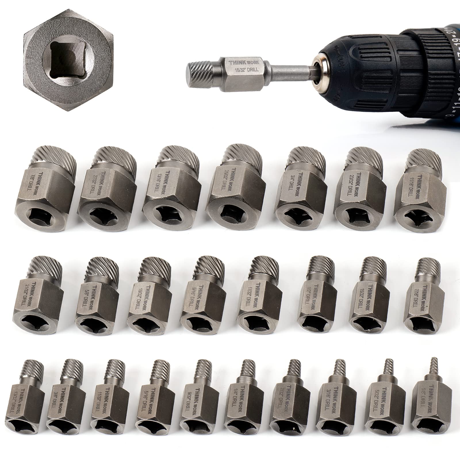 THINKWORK Upgraded Screw Extractor Set, 25-Piece 3/8" Inch Drive Easy Out Bolt Extractor Set, Multi-Spline, for Removing Broken Studs, Bolts, Screws