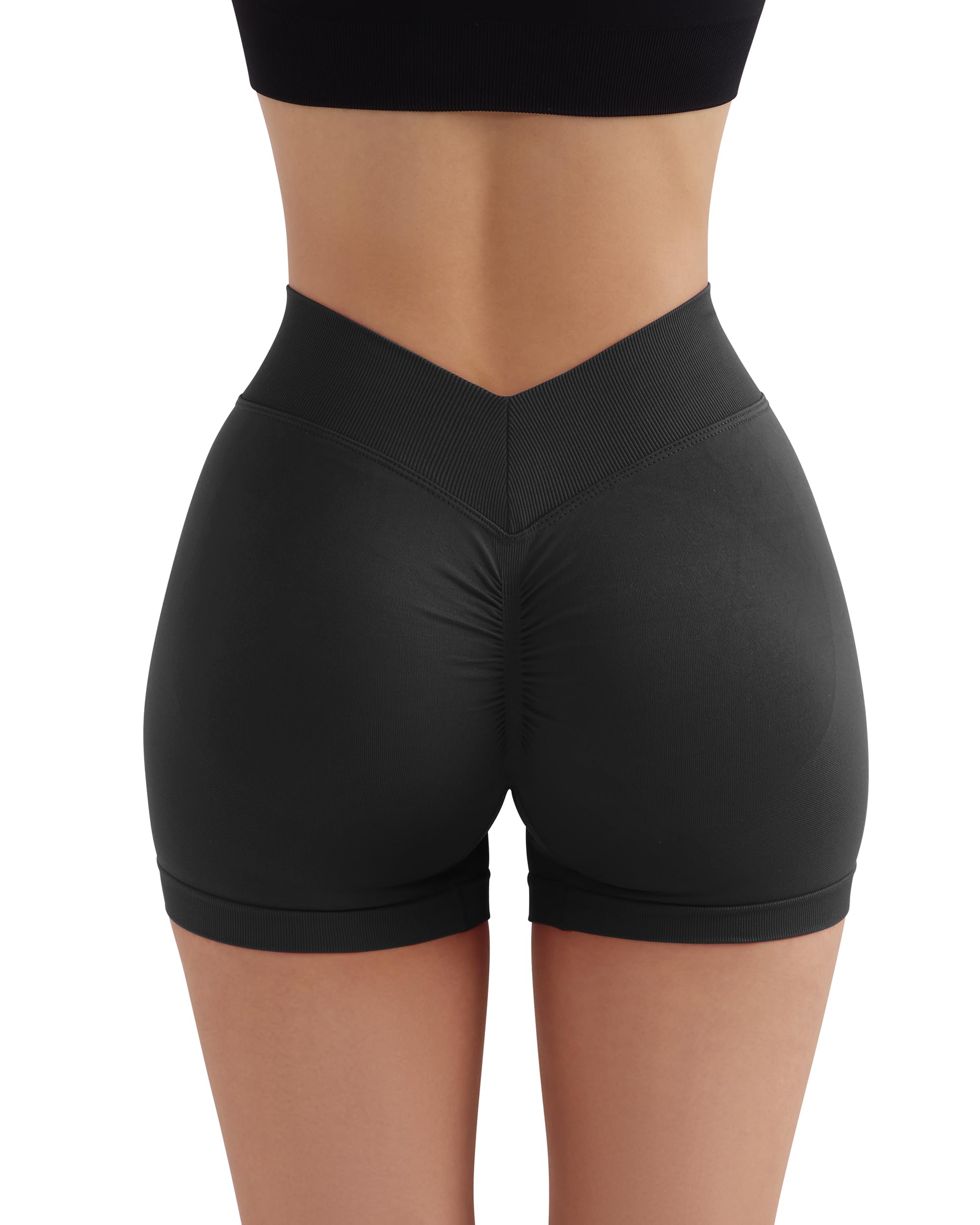 MOOSLOVER Women V Cross Waist Workout Shorts Butt Lifting High Waisted Biker Shorts(M,#2 Black)
