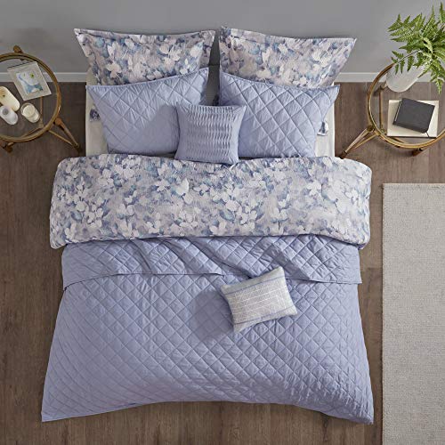 Madison Park Erica Comforter Quilt Combo Set - Modern Luxury Design, All Season Down Alternative Bedding, Matching Shams, Decorative Pillows, Full/Queen(90"x90"), Floral Blue 8 Piece