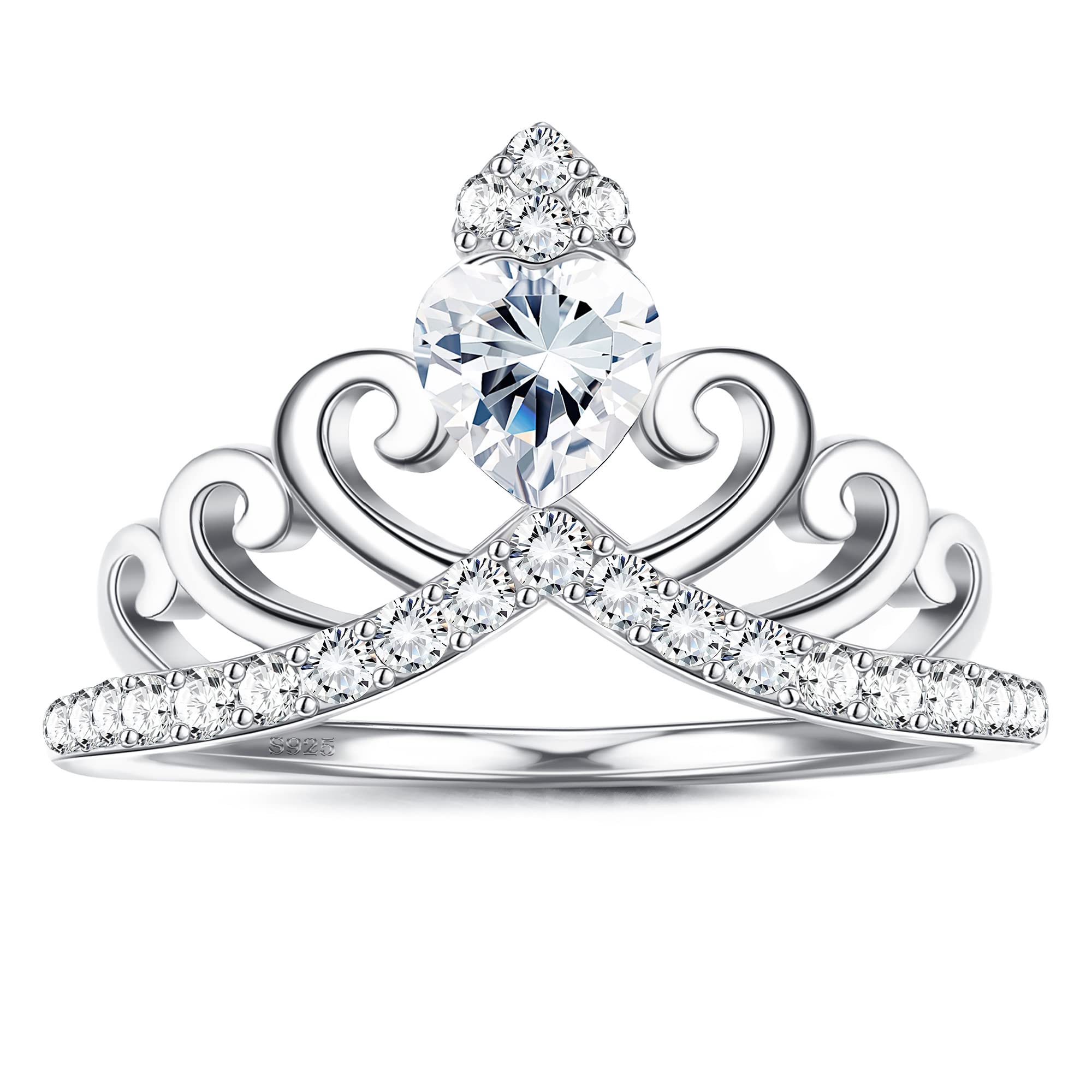 MUSECLOUD 925 Sterling Silver Crown Ring for Women Cubic Zirconia Princess Ring CZ Heart Promise Ring for Her Size 9