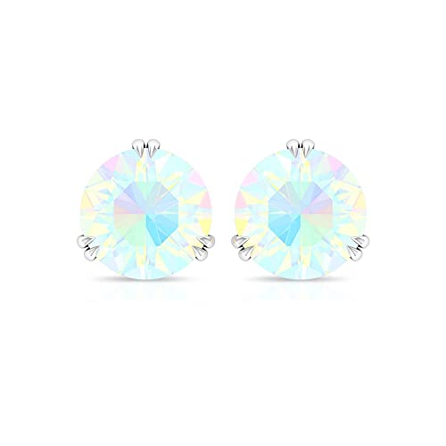 Natural Ethiopian Opal Solitaire Stud Earrings, Certified 8 MM Rainbow Opal, AAA Quality, October Birthstone Earrings, 14K White Gold
