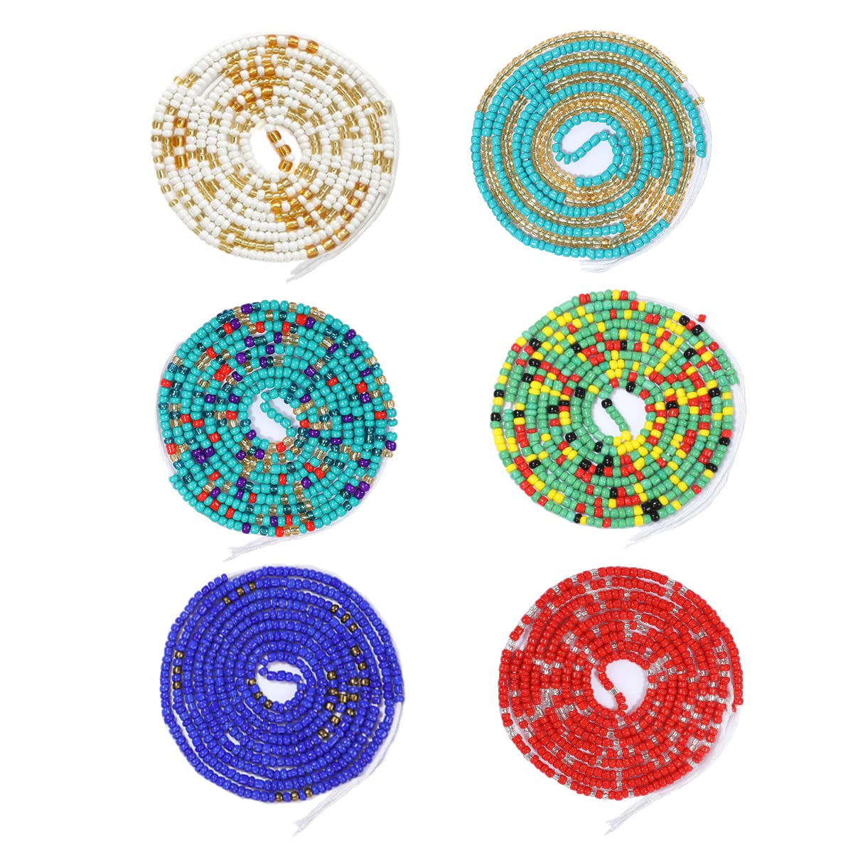 Rainhonor Tie On African Waist Beads Plus Size for Women No-stretch Belly Beads for the Waist Weight Loss Adjustable Stomach Beads(6 pack)