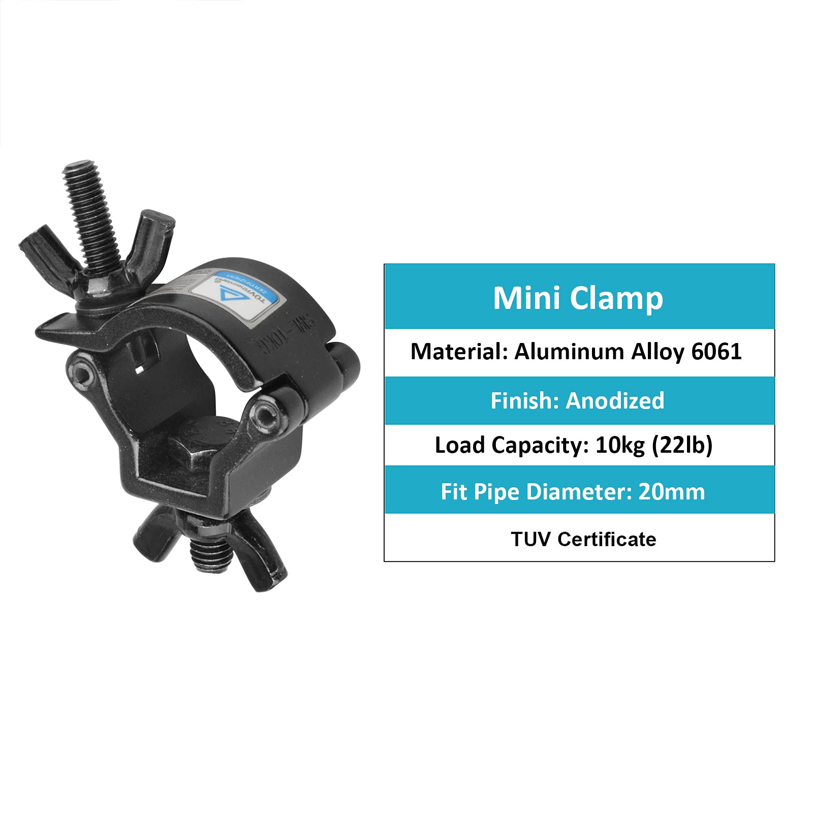 Mini Size Clamp Load 22lb Aluminum Alloy Light Clamp for Projector Par Light Spotlight Work on 20mm OD Tube, TUV Certificated (4 Pcs Black)