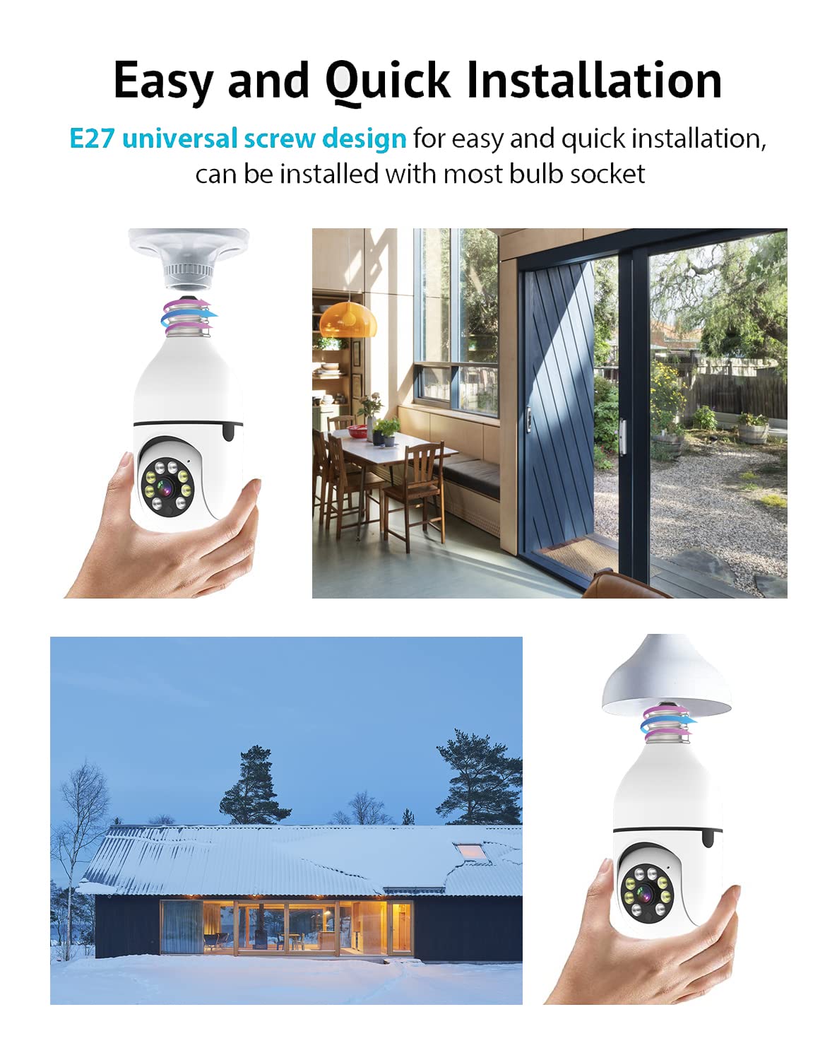 Light Bulb Security Camera Wi-Fi Outdoor 2.4GHZ, 360° Lightbulb Security Camera 1080P Wireless, Color Night Vision, Motion Detection, Compatible with Alexa/Google, E27 Socket