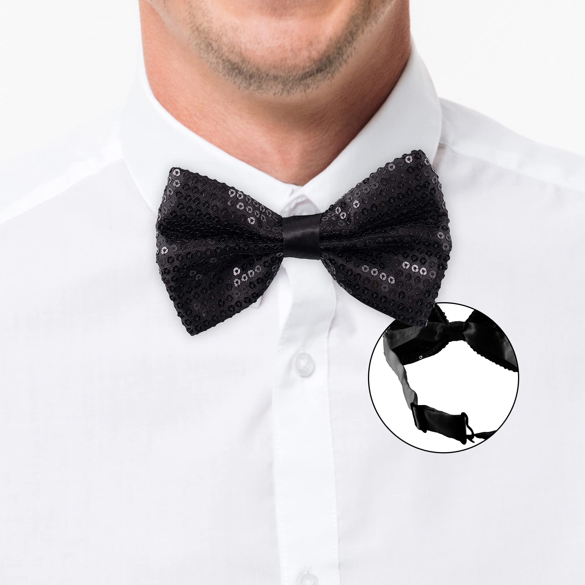 Man of Men Sequin Bow Ties for Men - Pre-tied Adjustable Length Bowtie, Many Colors to Choose From (Black)