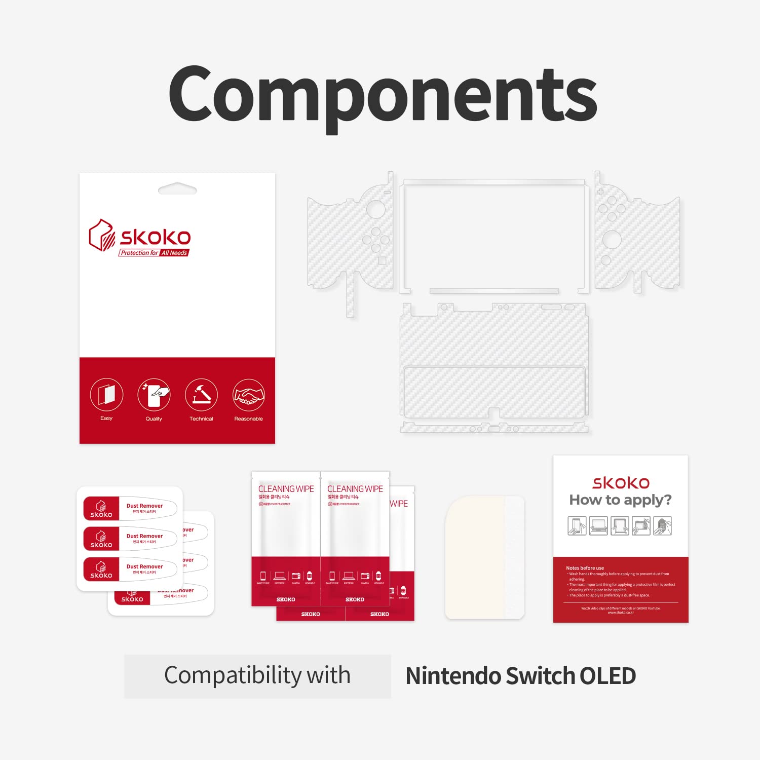 skoko Clear Carbon Protective Skin Compatible with Nintendo Switch OLED, Back+Joycon Controllers, Anti Scratch, Skins, Sticker, Decal, Wrap, Vinyl, Film, Protector Covers, Accessories