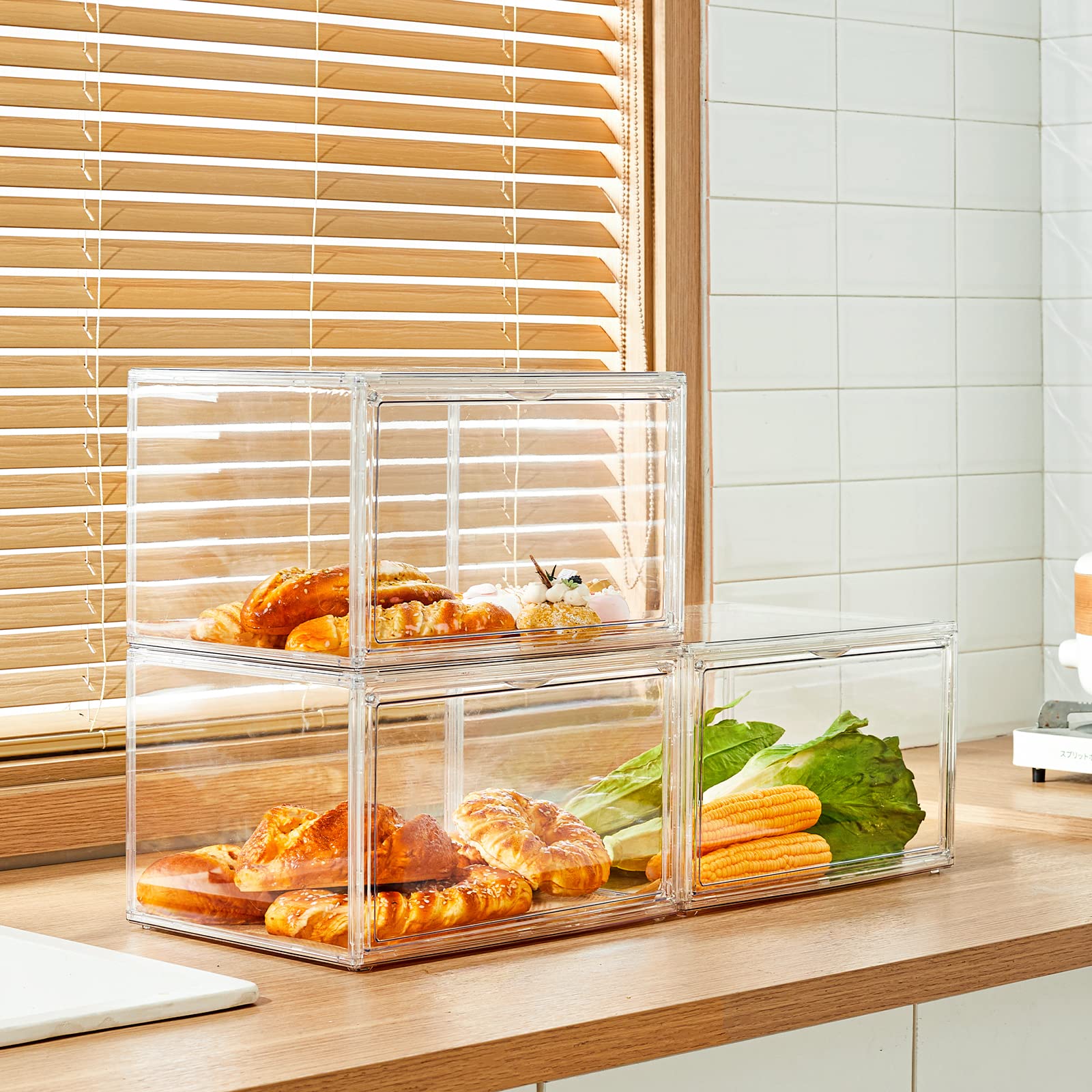 ORGIDOL Bread Box Clear 2 Packs Bread Box for Homemade Bread, Large Stackable Bread Storage Container with 50 Bread Papers, Kitchen Organizers and Storage, Bread Bin for Bread, Rolls, Muffin