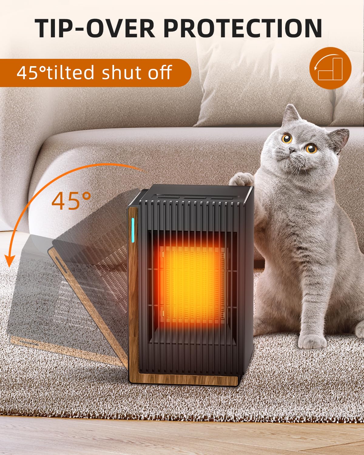 Space Heater, Portable Electric Heater, 1200w PTC Ceramic Small Heater with 2 Temperature Mode, 2-4-6 hours Timing Settings, Overheat and Tip-over Protection, Fast Heating Fan for Indoor Use Office