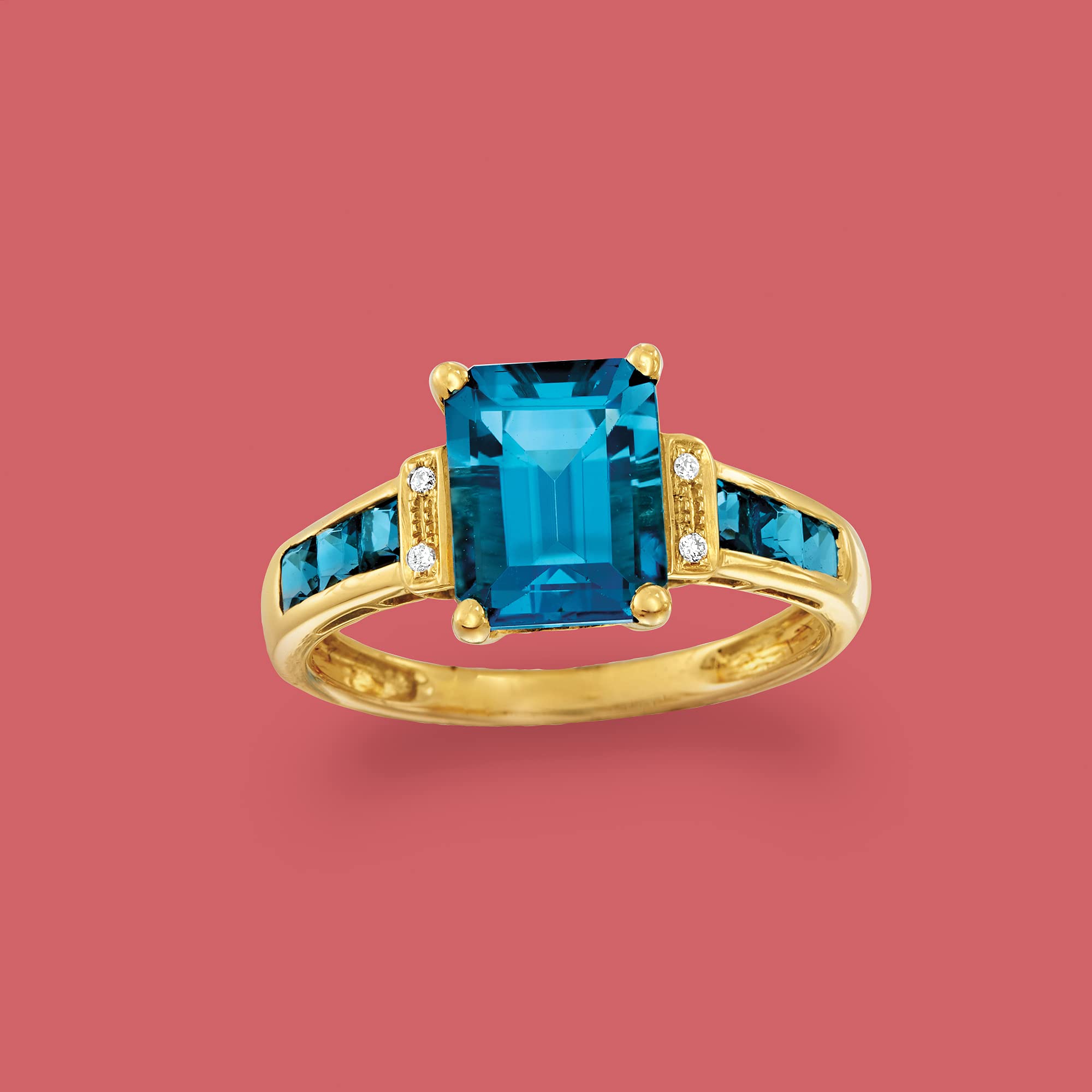 Ross-Simons 3.00 ct. t.w. London Blue Topaz Ring With Diamond Accents in 14kt Yellow Gold. Size 5
