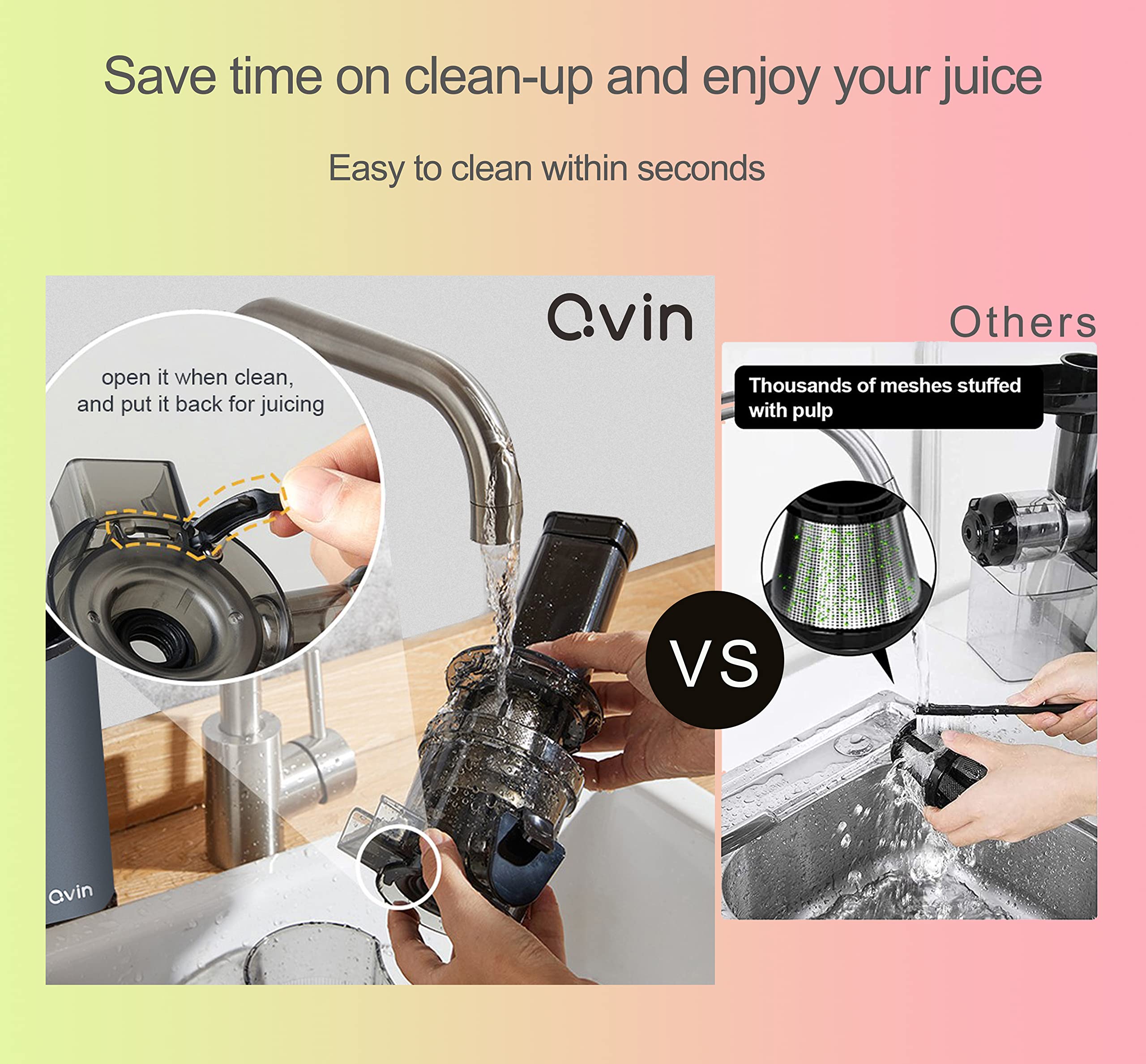 Qvin Compact Slow Masticating Juicer machines 3inch Large Feed Chute, Easy to Clean, BPA Free, 200W Nutritional electrical Cold Press Juicer machine vegetable and fruit,Deluxe Silver-gray