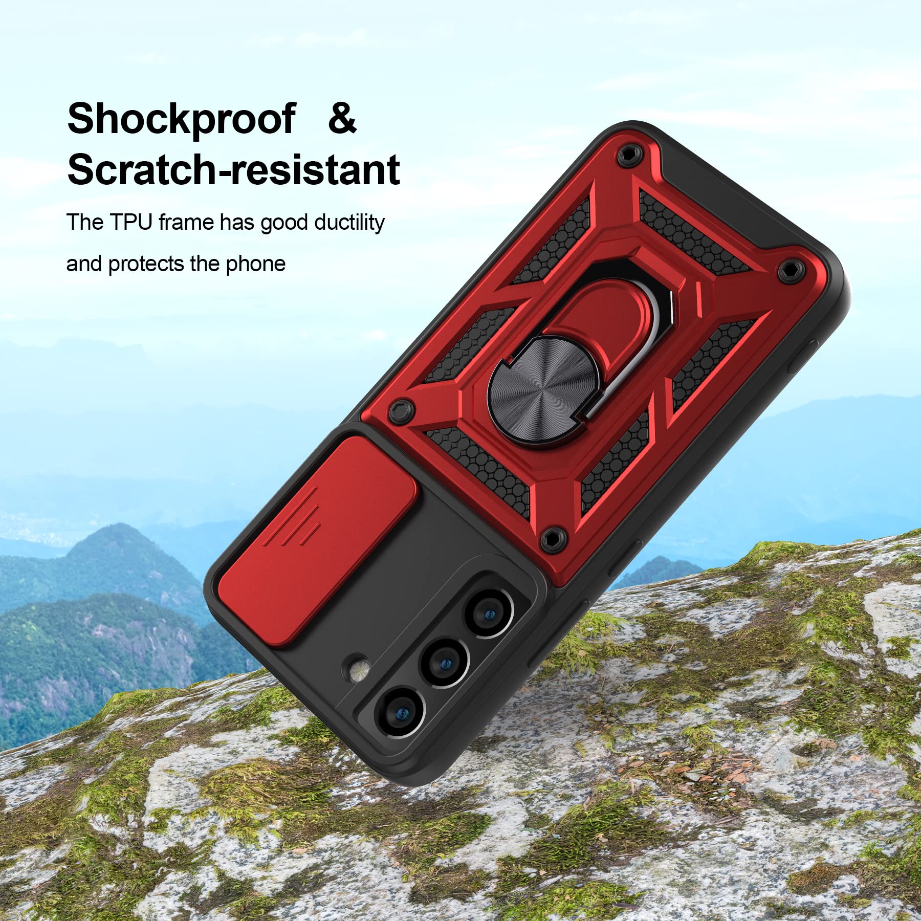 Paton Designed for Galaxy S22 Plus Case, Galaxy S22 Plus 5G Shockproof Case with Slide Camera Cover, Built-in 360° Rotate Ring Stand Magnetic Cover Case for Samsung Galaxy S22 Plus (Red)