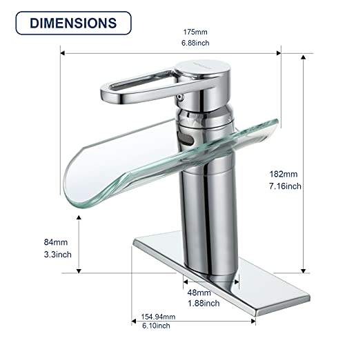 WINDALY Waterfall Bathroom Faucet, Single Hole Glass Spout Bathroom Faucet, Single Handle Solid Brass Bathroom Vanity Faucet with Deck Plate, Chrome (Glass)