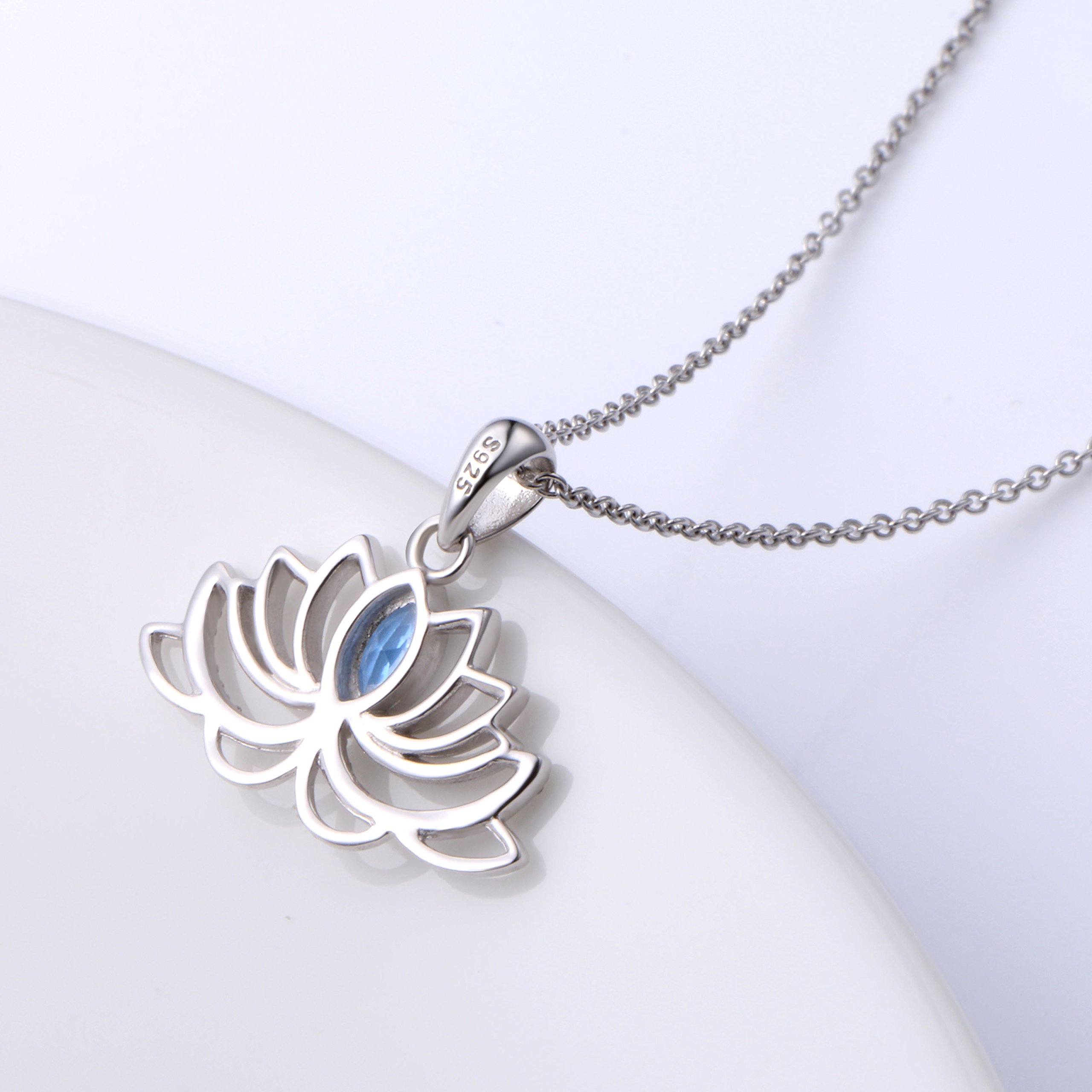 Ladytree 925 Sterling Silver Blue Lotus Necklace Cubic Zirconia Flower Pendant for Women,18"