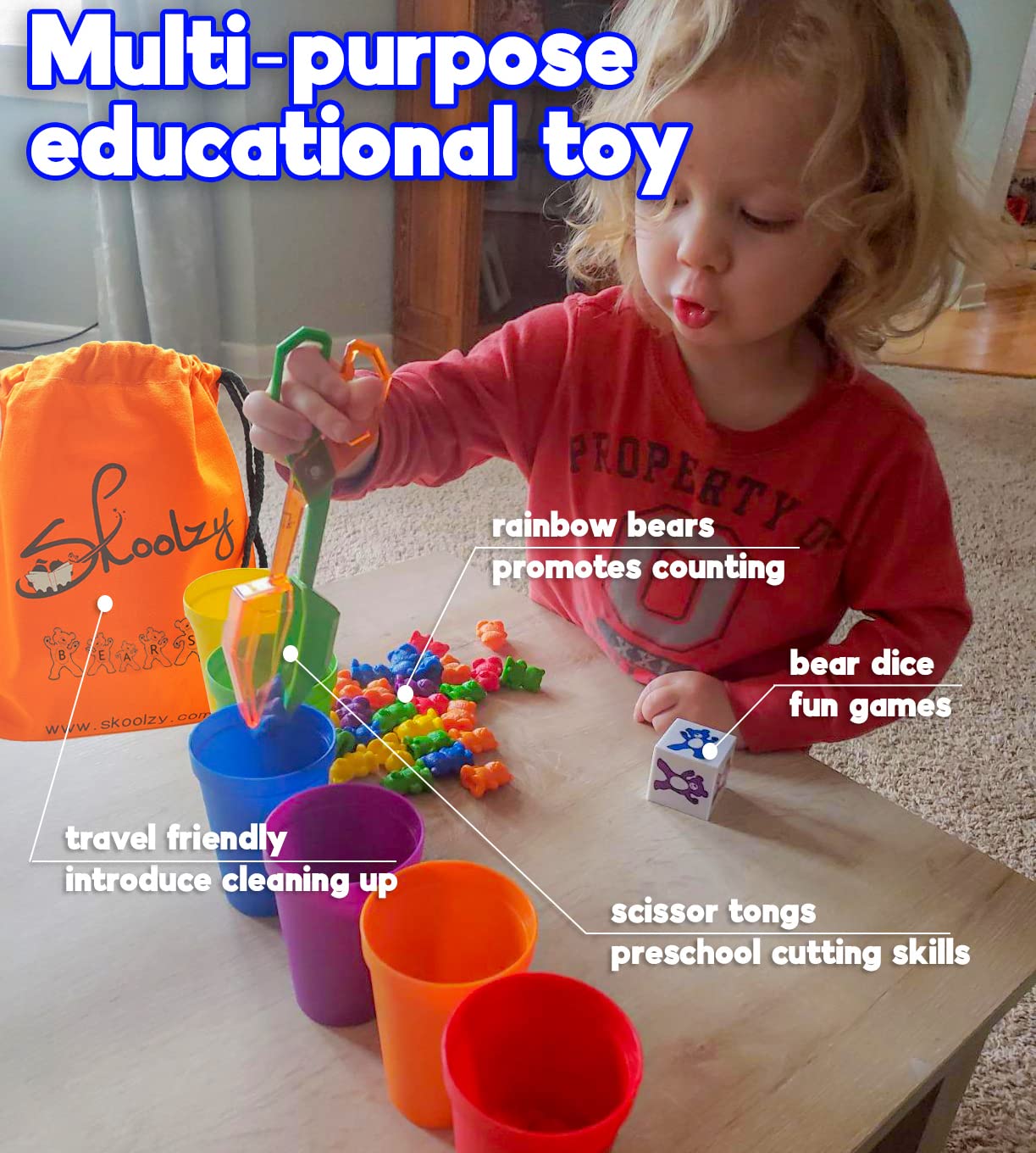 Skoolzy Number Blocks & Rainbow Counting Bears with Matching Sorting Cups, Bear Counters and Dice - for Toddlers & Kids 3+