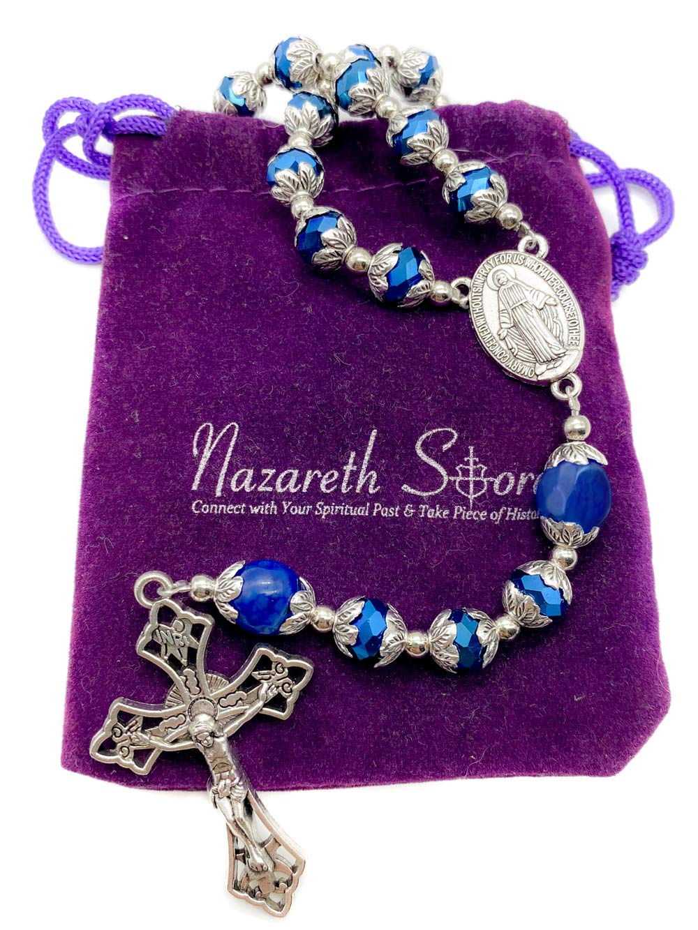 Nazareth Store Deep Blue Crystal Beads Rosary Blue Agate Glory Stone Beaded Necklace Miraculous Medal & Cross Crucifix Religious Rosaries Collection