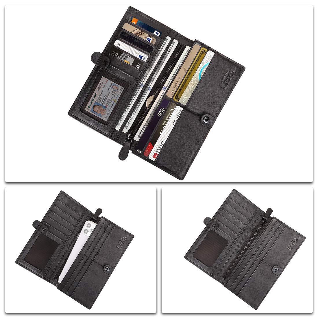 LRTO Genuine Leather Purse Wallet for Women RFID-Blocking Retro Handmade Clutch Wallets Money Clip Card Organizer (Black)