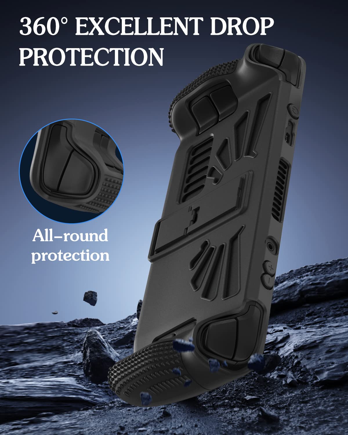 SUIHUOJI Steam Deck Case with Kickstand, Stand Base Accessories Protector for Valve Steam Deck Console, Stream Deck Protective Cover Skin Shell with 2Pairs Silicone Thumb Grips Caps, TPU+PC Case Black