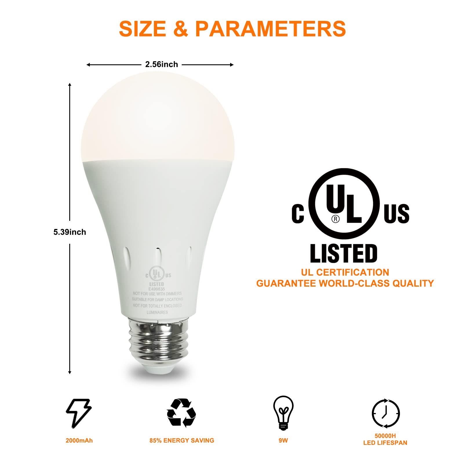 Rechargeable Light Bulb, GshionLyfe Emergency Light Bulbs for Power Outages Hurricane, 2 Dimmable 50% 100% Battery Backup Light Bulb Light up on Multi Bulbs Together 9W 850LM Soft White 3000K 120V E26