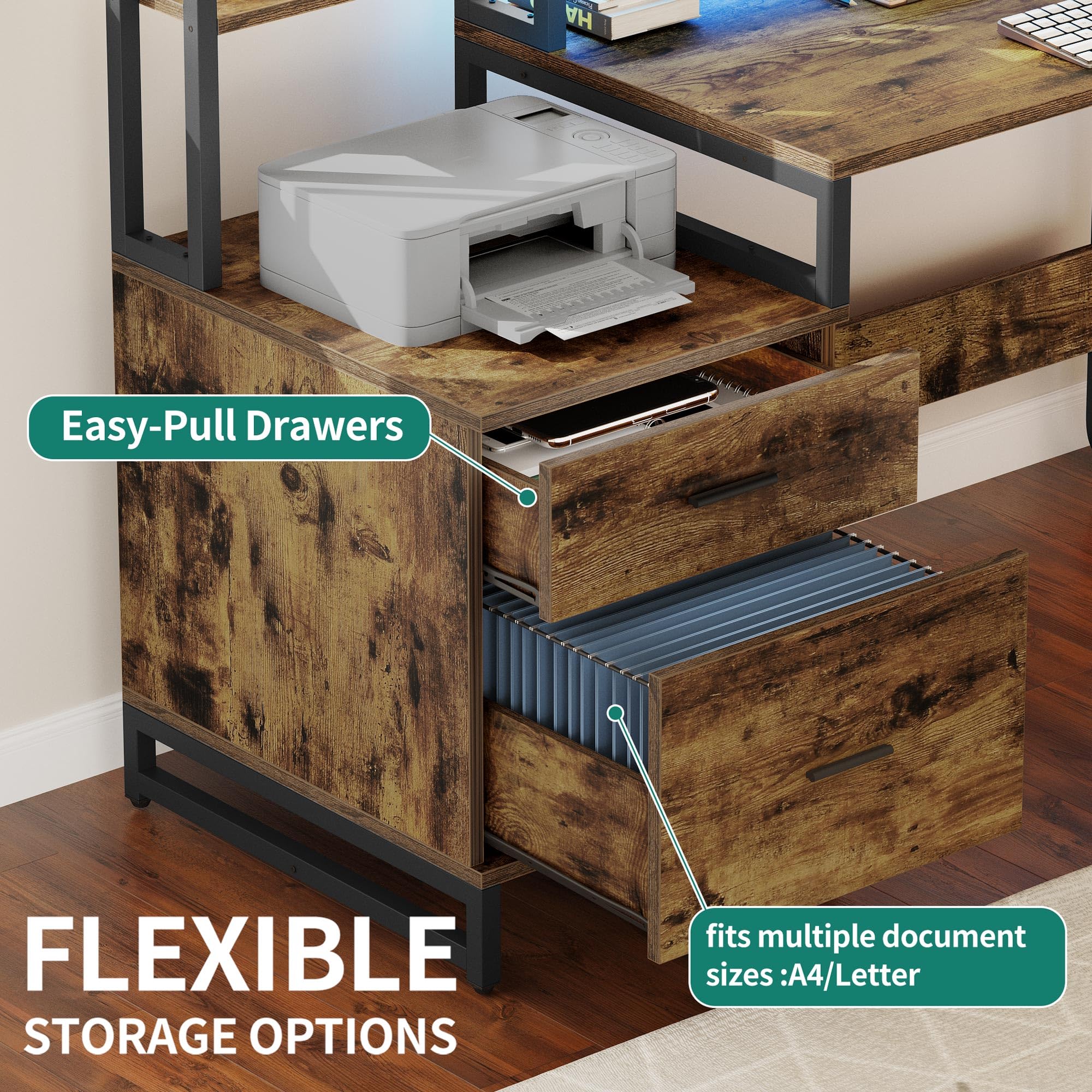 YITAHOME L Shaped Desk with Power Outlets & Hutch, Computer Desk with Drawers & LED Lights, Reversible Corner Office Desk with Printer Stand for Home Office, Rustic Brown