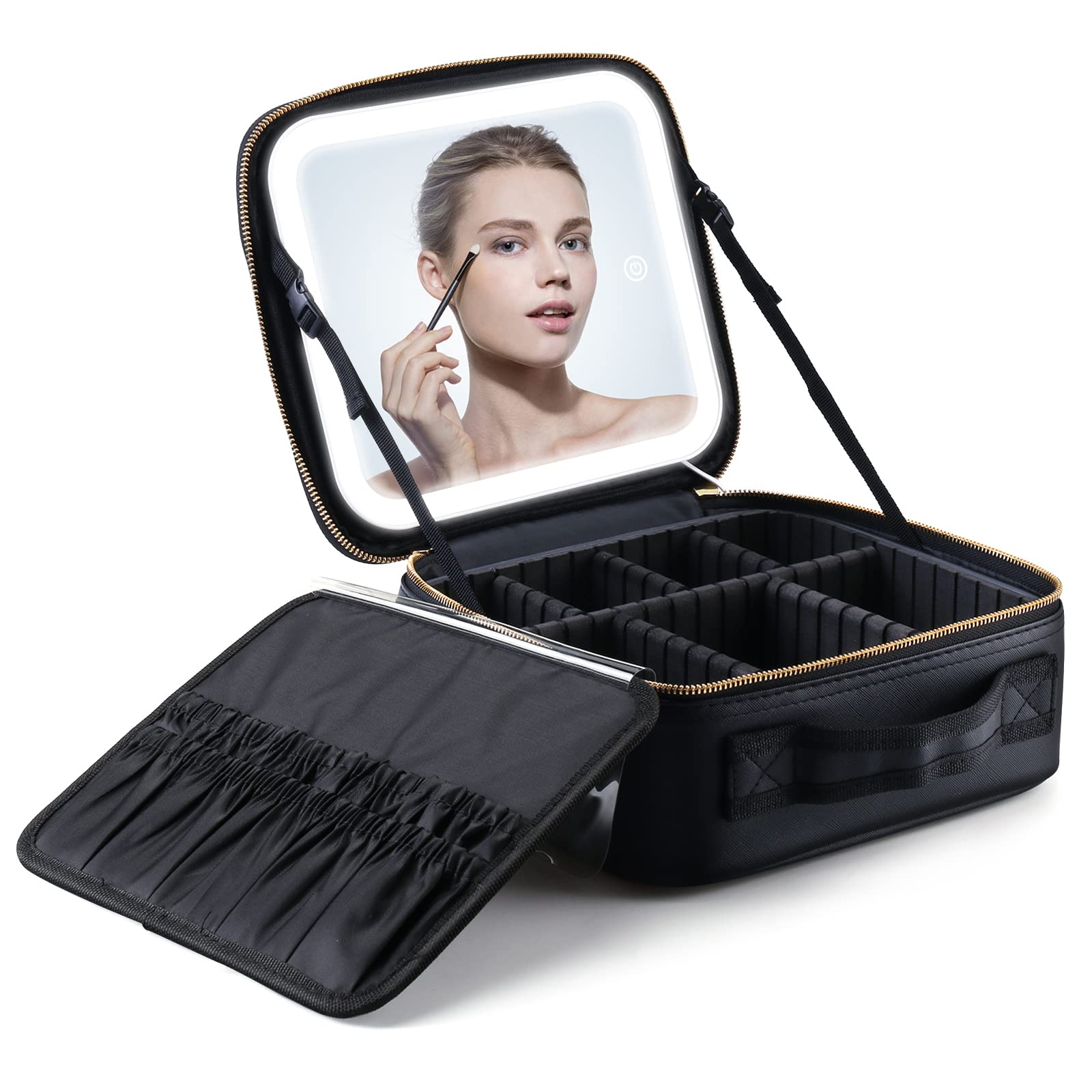Travel Makeup Bag with Light Up Mirror, Large Makeup Train Case with Adjustable Dividers, Makeup Case with lighted mirror, Makeup Travel Case, Cosmetic Bag Makeup Bag with Mirror Toiletry Gift