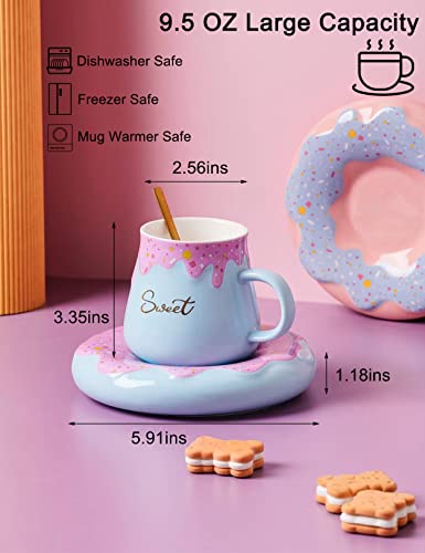 SISETOP Novelty Espresso Cups and Saucers, Ceramic Donut Mug, 9.5oz Creative Cute Cups, Unique Coffee Mug with Spoon for Gift, Kids, Adults, Birthday