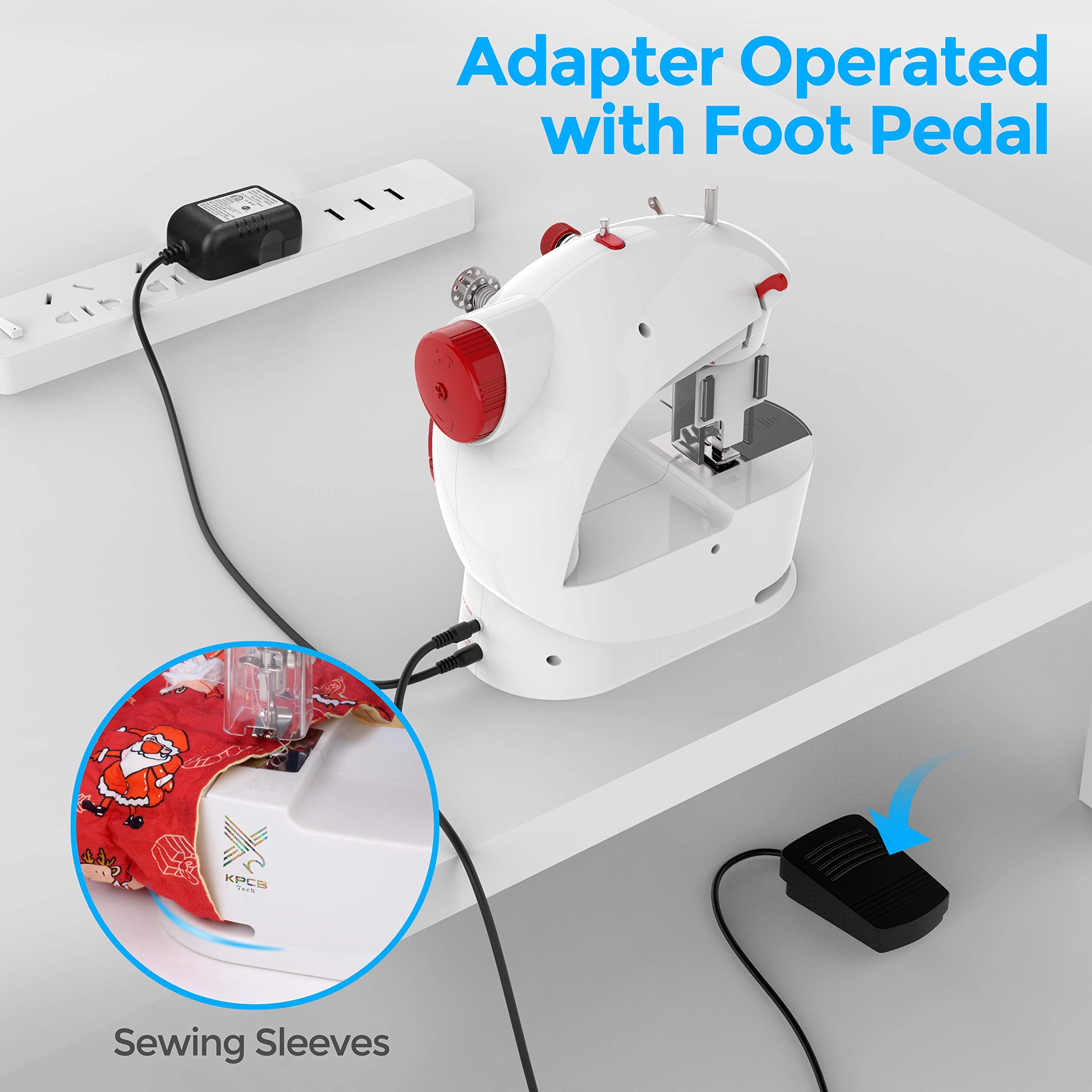KPCB Tech Kids Sewing Machine with Finger Guard and Christmas DIY Bag Material, Mini Electric Sewing Machine with Foot Pedal (Red)