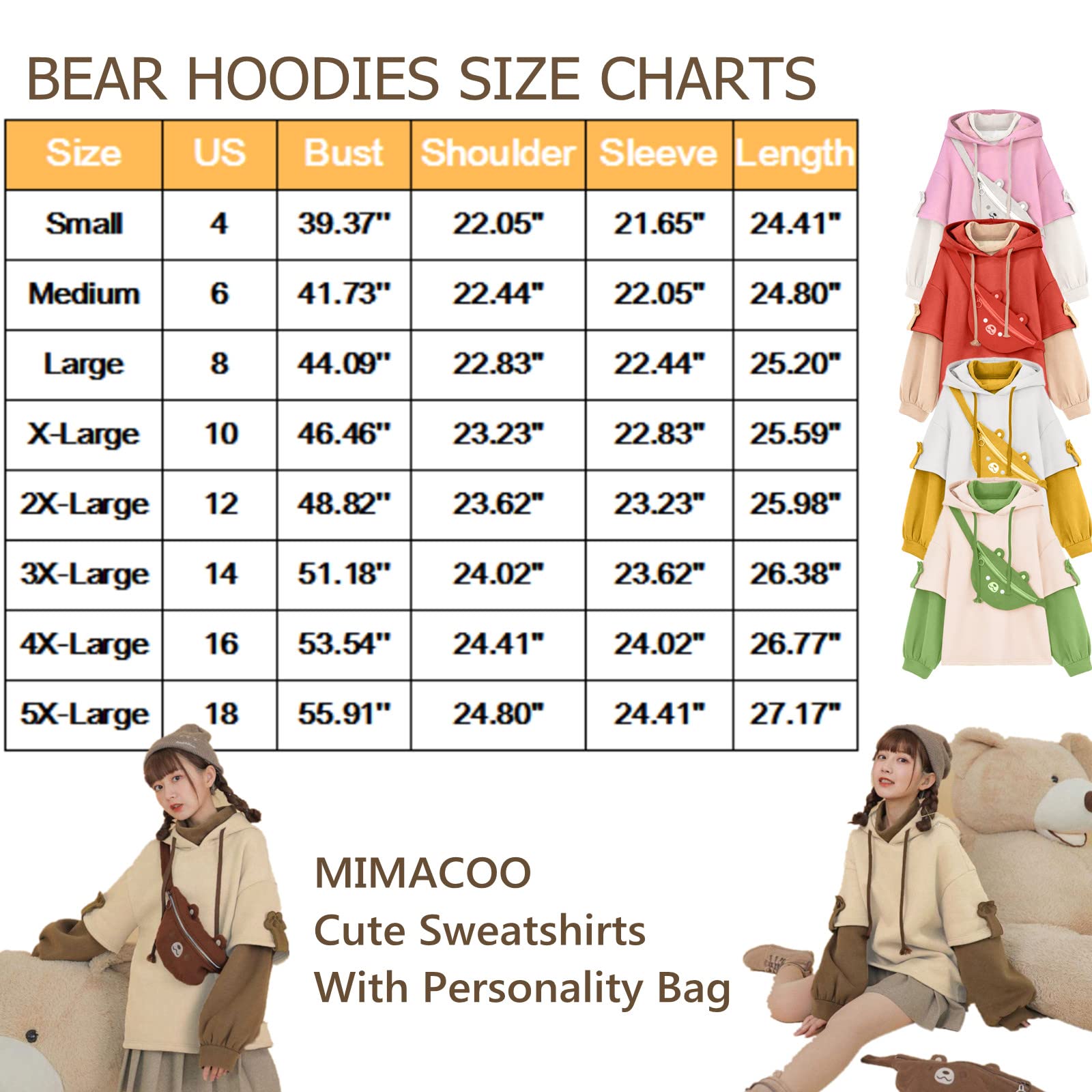 Mimacoo Cute Bear Hoodies for Teen Girls Brown Sweatshirt Long Sleeve Shirts Oversized Pullover with Personality Bag