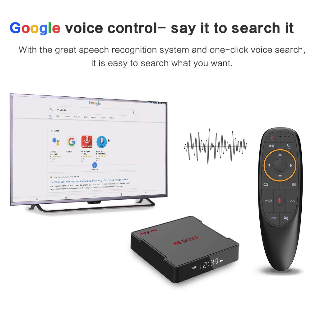 Magicsee N5 NOVA Android 9.0 TV Box 4GB RAM 64GB Rockchip RK3318 Quad Core A53 Dual WiFi 2.4G/5G Steaming Box Airplay Miracast VP9 H.265 Bluetooth Voice Remote Control Smart TV Box