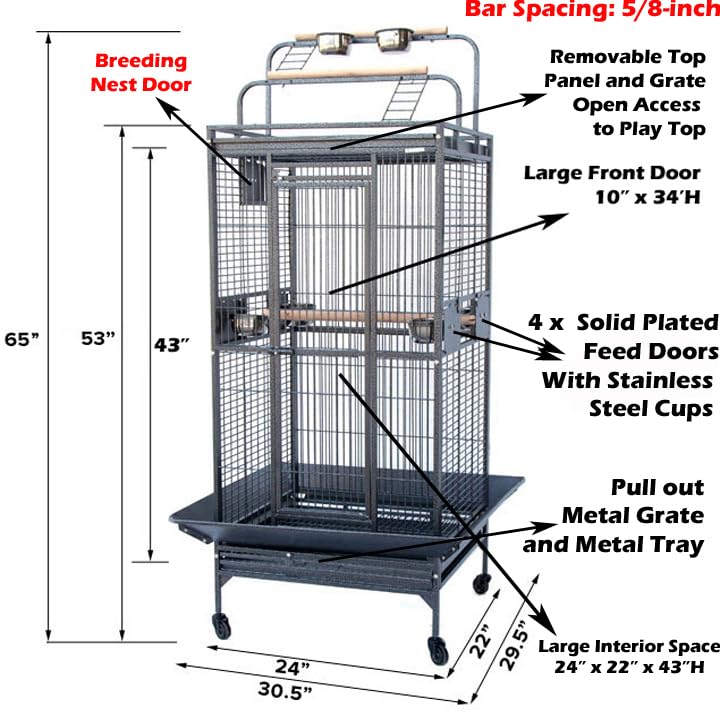 Large Elegance Wrought Iron Bird Parrot Stand Perch Cage Double Ladders Open/Close Play Top, Include Seed Guard (30.5" x 29.5" x 65"H, Black Vein)