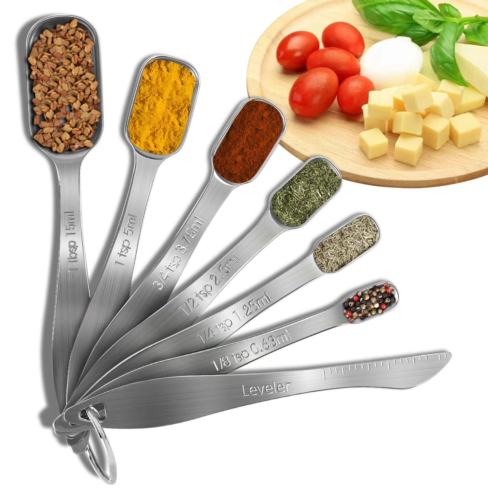 Stainless Steel Measuring Spoons, Premium Heavy Duty Metric Small Tablespoon 7-piece setïŒ1/8 tsp, 1/4 tsp, 1/2 tsp, 3/4 tsp, 1 tsp & 1 tbsp-for Dry or Liquid, Fits in Spice Jar, Including Leveler