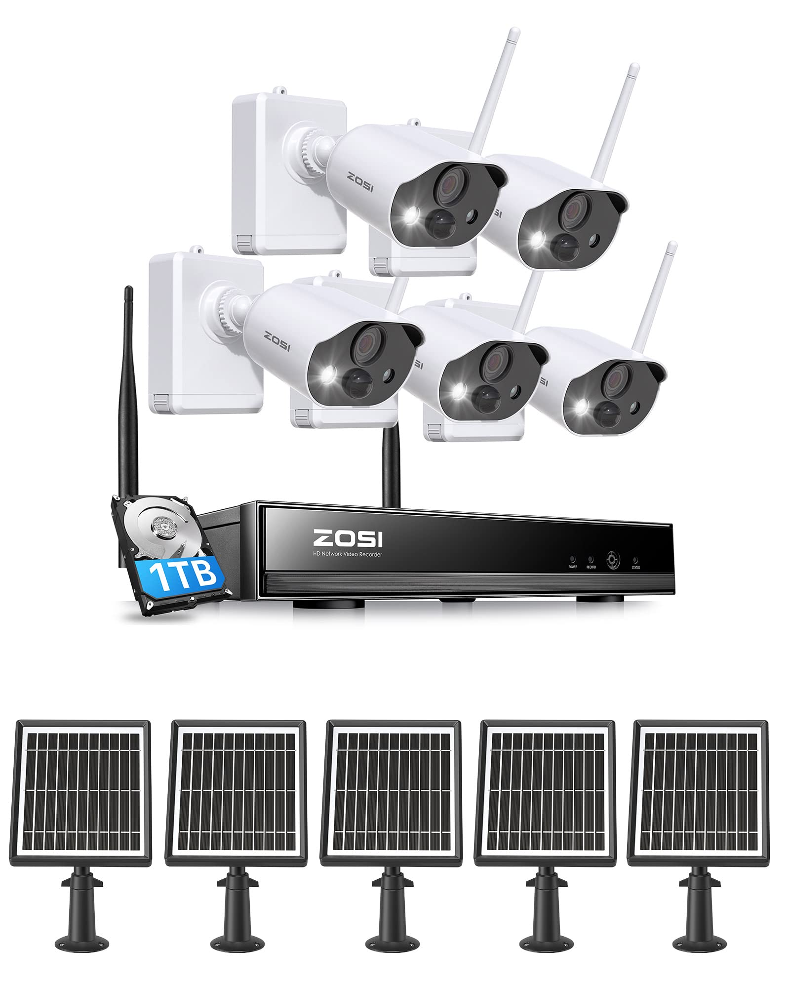 ZOSI C306PK 8CH 2K Wireless Battery Powered Camera System with 5 x Solar Panel, 5 x Camera with Color Night Vision, 2-Way Talk, Light & Siren Alarm, 1TB HDD