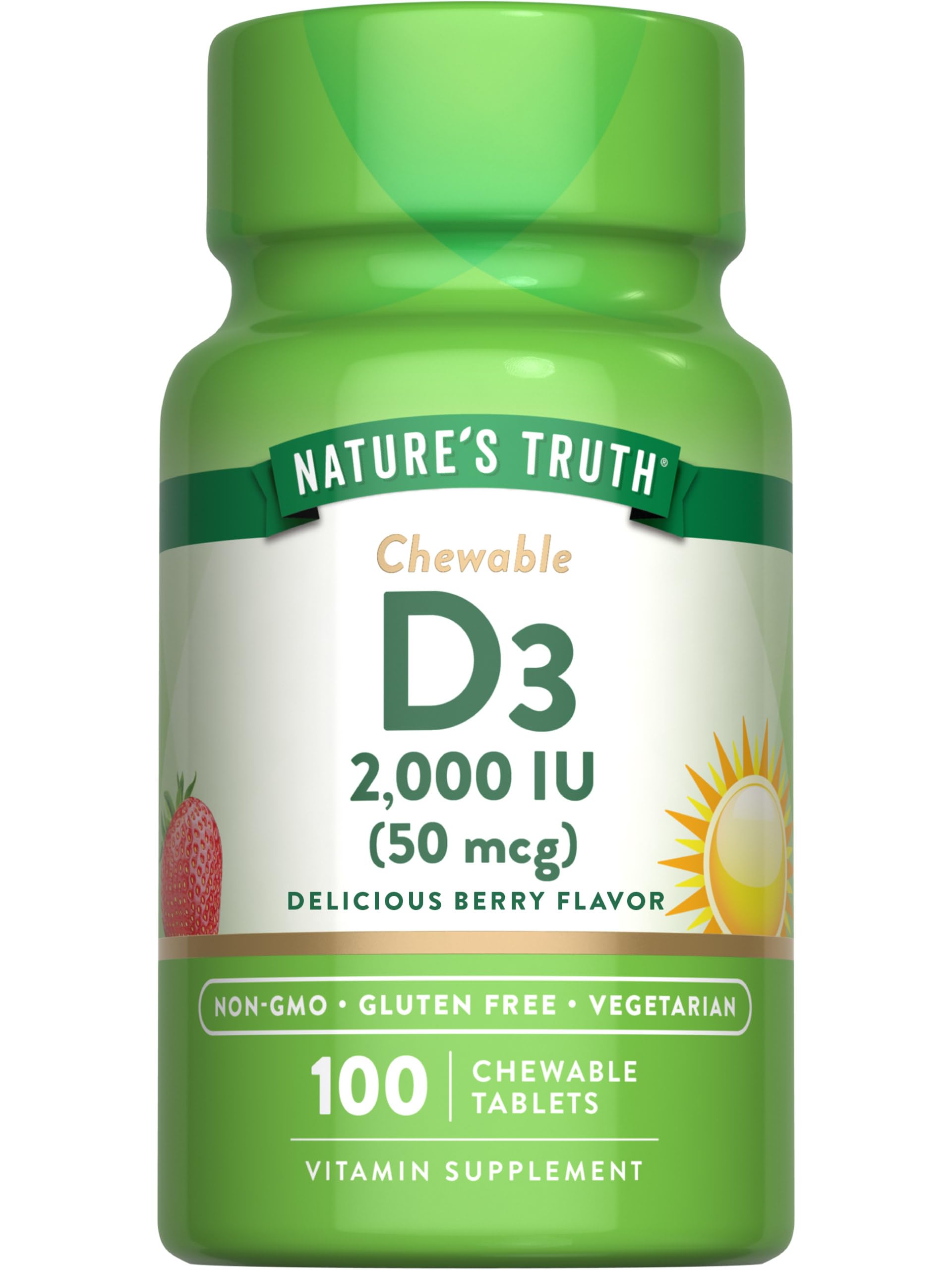 Nature's Truth Chewable Vitamin D3 2,000 IU | 100 Tablets | Berry Flavor | Vegetarian, Non-GMO, & Gluten Free Supplement